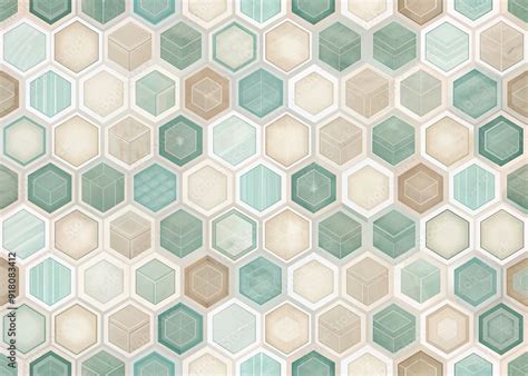 Repeating Pattern Of Interlocking Hexagons In Soothing Colors And Subtle Textures Creating A