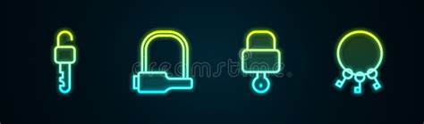 Set Line Unlocked Key Bicycle Lock And And Bunch Of Keys Glowing Neon Icon Stock Vector