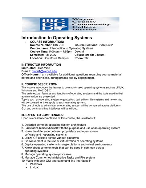 CIS 210 Class Syllabus 2022DT Introduction To Operating Systems I COURSE INFORMATION Course