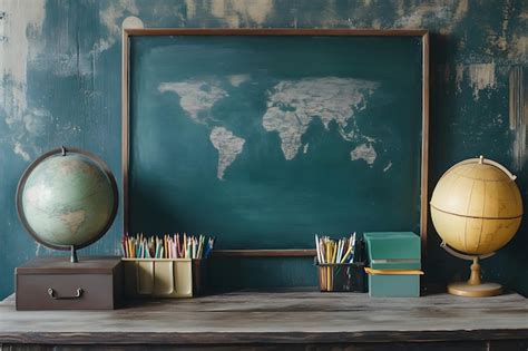 Classroom Setup With Chalkboard Globe Desk And School Supplies