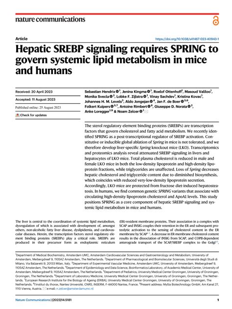 Pdf Hepatic Srebp Signaling Requires Spring To Govern Systemic Lipid Metabolism In Mice And Humans