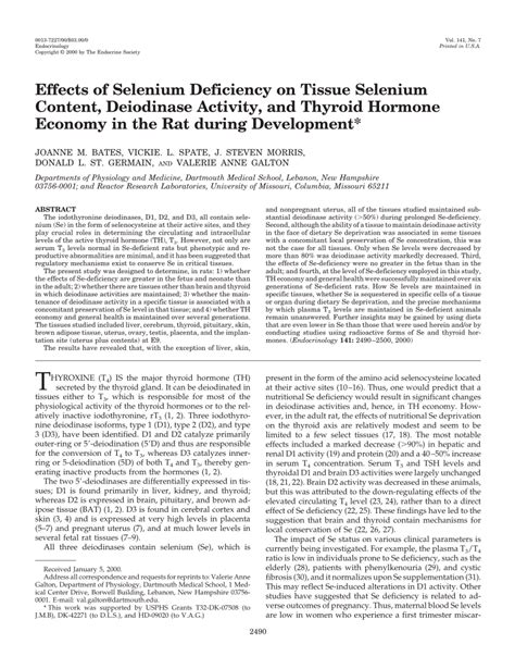 Pdf Effects Of Selenium Deficiency On Tissue Selenium Content Deiodinase Activity And
