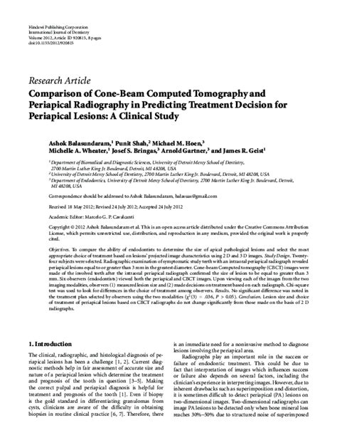 Pdf Comparison Of Cone Beam Computed Tomography And Periapical