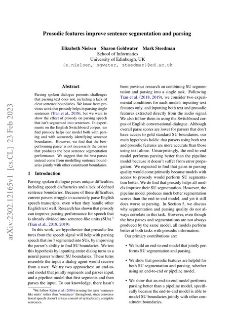 Pdf Prosodic Features Improve Sentence Segmentation And Parsing