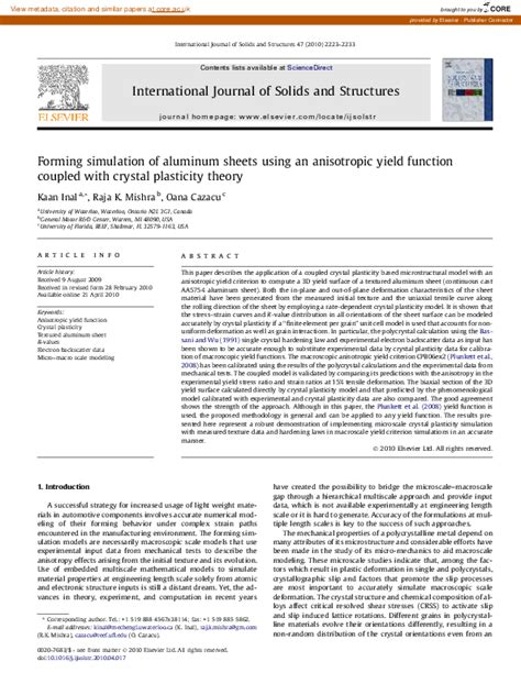 Pdf Forming Simulation Of Aluminum Sheets Using An Anisotropic Yield Function Coupled With