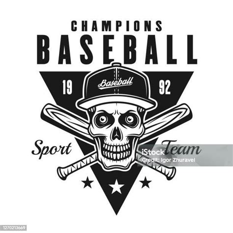 야구 챔피언 빈티지 블랙 엠블럼 배지 라벨 또는 모자에 인간의 두개골과 흰색 배경 벡터 일러스트에 고립 된 두 개의 교차 박쥐로 로고 Championship에 대한 스톡