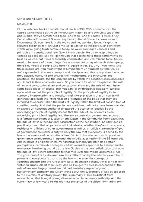 Constitutional Law Lecture Transcript Constitutional Law Topic 1 Speaker 0 Ok So Welcome