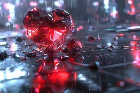 Glistening Ruby Heart In Rainy Urban Nightscape With Reflections Red