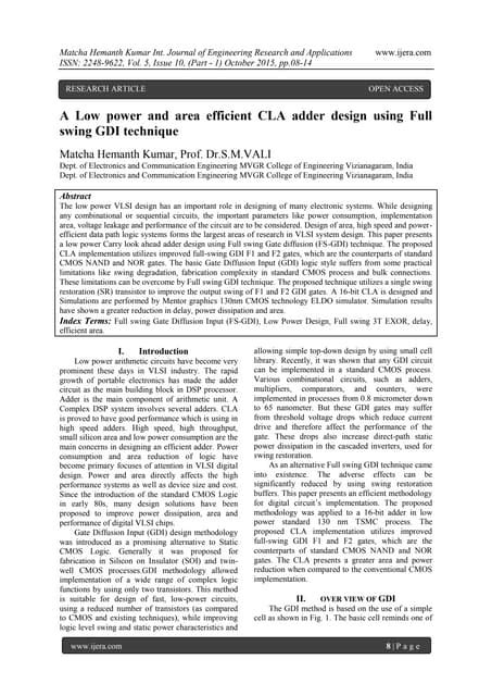 A Low Power And Area Efficient Cla Adder Design Using Full Swing Gdi