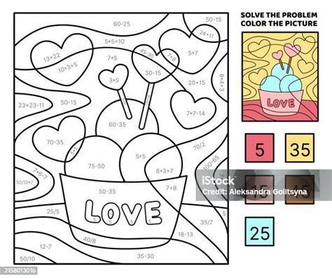 문제를 해결하고 그림을 색칠하십시오 종이컵에 아이스크림 스쿱 색칠 공부 벡터 아이스크림에 대한 스톡 벡터 아트 및 기타 이미지 아이스크림 곱셈 나눗셈 Istock