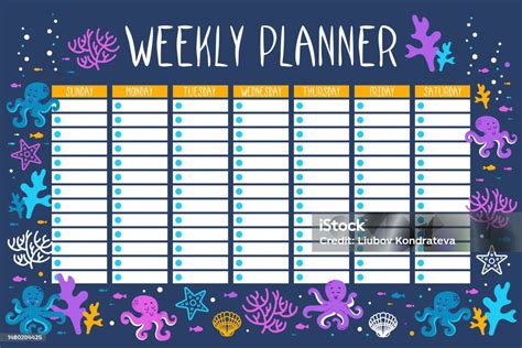 주간 플래너 문어 산호 불가사리 조류 조개 및 물고기가 있는 여름 해양 패턴 빨간색과 파란색 바다 생물 플랫 스타일 템플릿 디자인 인쇄 달력 학습 작업 일정 바닷속에 대한