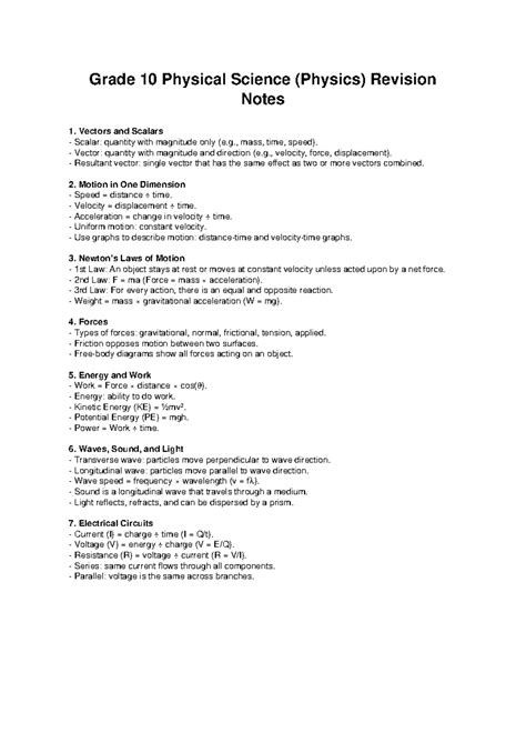 Grade 10 Physics Revision Notes Vectors Motion And Forces Studocu
