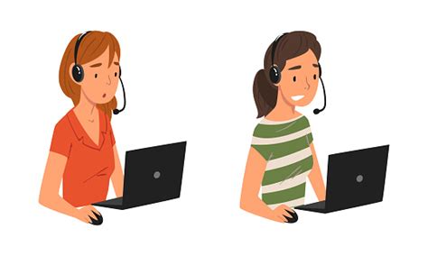 헤드폰 벡터 세트에서 작업하는 랩톱 앞에 앉아 있는 콜 센터 사무실 운영자 개념에 대한 스톡 벡터 아트 및 기타 이미지 개념 건강관리와 의술 고객 Istock