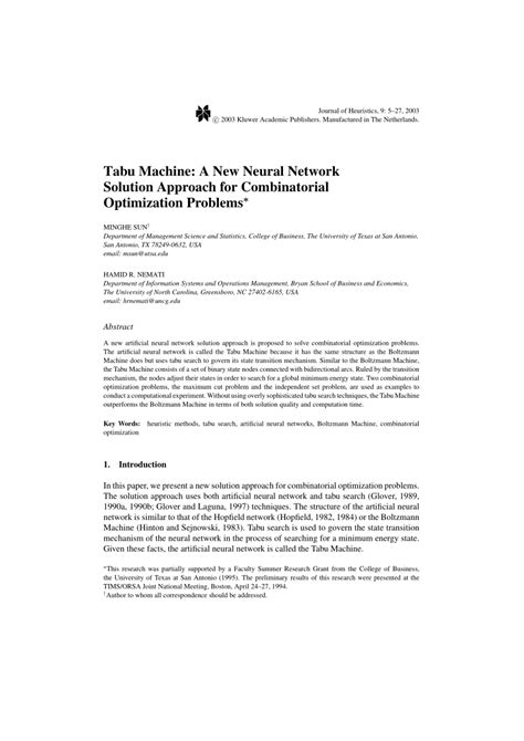 pdf tabu machine a new neural network solution approach for combinatorial optimization problems