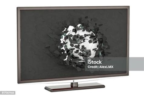 Tv의 깨진된 화면을 통해 비행 하는 축구공 세트 3d 렌더링에 고립 된 흰색 배경 3차원 형태에 대한 스톡 사진 및 기타 이미지 3차원 형태 Championship