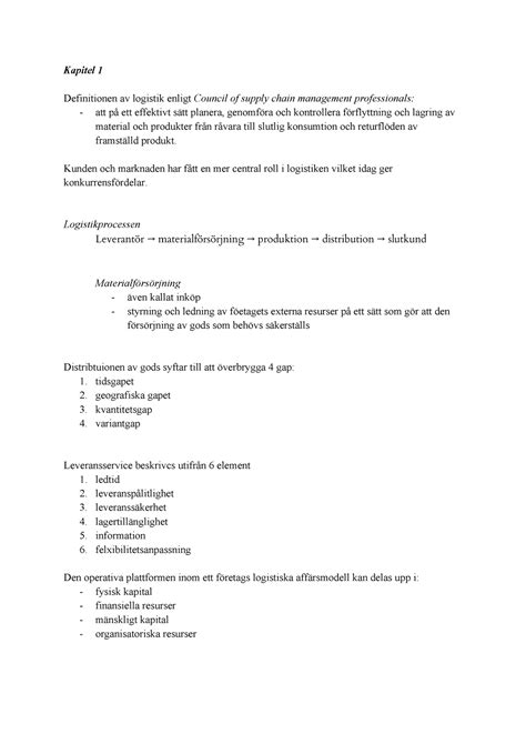 Logistik Bok Sammanfattning Kapitel 1 Definitionen Av Logistik Enligt