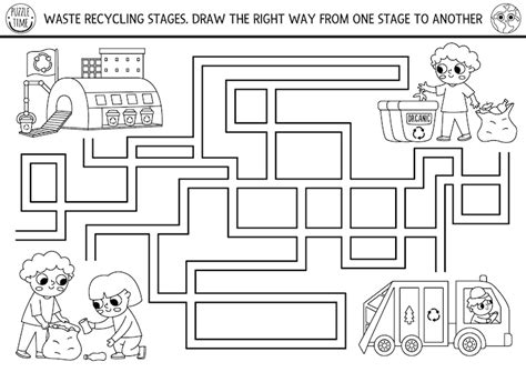 아이들이 쓰레기를 분류하는 아이들을 위한 생태학적 흑백 미로 지구의 날 유치원 활동 환경 인식 또는 쓰레기 재활용 단계가 있는 제로 폐기물 미로 색칠 페이지xa 프리미엄 벡터