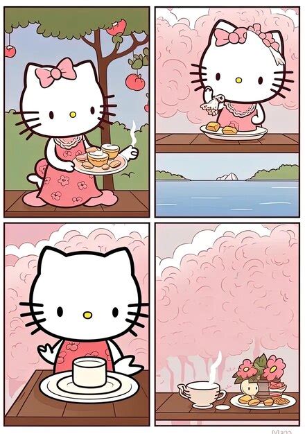A Cartoon Of A Hello Kitty Eating A Cup Of Coffee Premium Ai