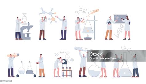 장비를 다루는 실험실 과학자 화학자 실험실 플랫 클리닉 과학 전문가 생물학자 경험 킥 의료 벡터 캐릭터 실험실에 대한 스톡 벡터 아트 및 기타 이미지 Istock
