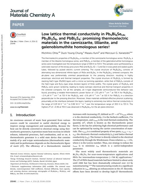 Pdf Low Lattice Thermal Conductivity In Pb5bi6se14 Pb3bi2s6 And Pbbi2s4 Promising
