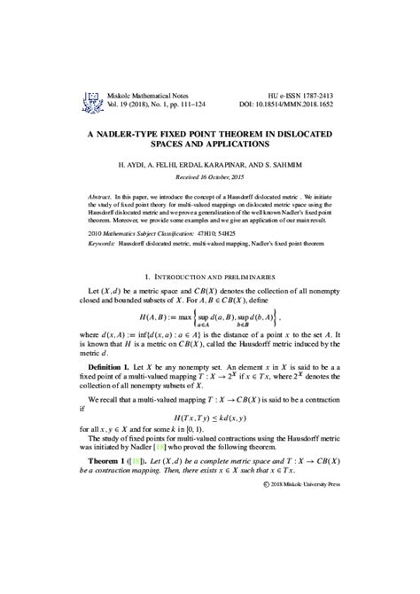 Pdf A Nadler Type Fixed Point Theorem In Dislocated Spaces And