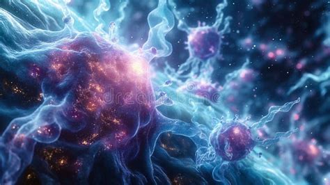 colorful microscopic view of cells interacting in a surreal environment generative ai stock