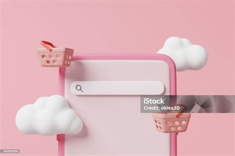 쇼핑 바구니 돋보기 인터넷 검색 바 및 분홍색 배경에 구름이있는 최소 스타일의 빈 화면 휴대 전화 온라인 쇼핑 응용 프로그램 비즈니스 모바일 지불 개념 3d 렌더링 3차원