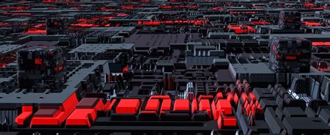 전자 추상 도시 보드 미래형 3d 렌더 프로세서가 탑재된 빨간색 사이버 건물 빨강에 대한 스톡 사진 및 기타 이미지 빨강 3차원 형태 Cpu Istock