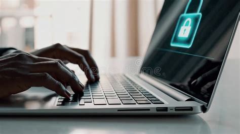 Programmer Typing Secure Login Code On Laptop With Lock Icon Stock