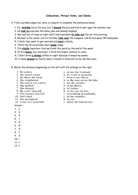 Collocation Task Collocations Phrasal Verbs And Idioms A Find A Suitable Adjective Verb