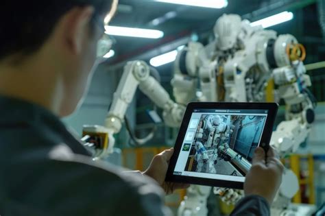 Premium Photo Engineer Controls Robot Arms In Smart Factory For Welding And Manufacturing