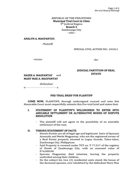 Plaintiff Pre Trial Brief Pdf Concurrent Estate Complaint