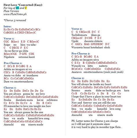 First Love Hikaru Utada Lyrics And Notes For Lyre Violin Recorder