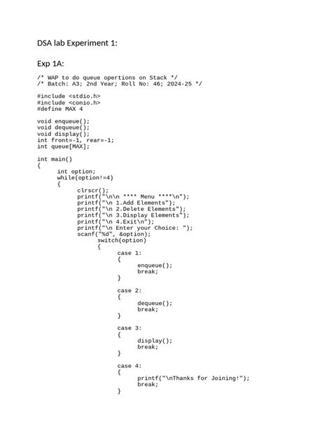 Dsa Lab A46 Experiment 1 Pdf Queue Abstract Data Type Software Engineering
