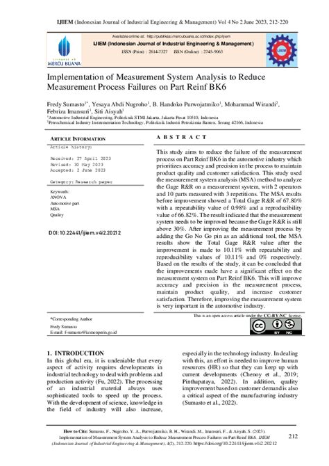 Pdf Implementation Of Measurement System Analysis To Reduce