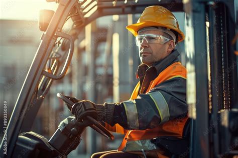 Forklift Operator Wearing Safety Gear And Driving In An Outdoor Loading