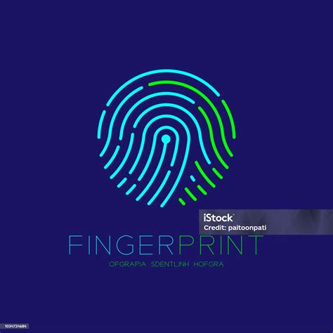 지문 스캔 로고 아이콘 대시 선 디자인 그림 파란색과 녹색 지문 텍스트와 복사 공간 벡터 Eps10와 어두운 파란색 배경에 고립 로고에 대한 스톡 벡터 아트 및 기타 이미지