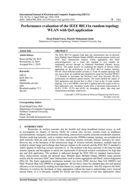 Performance Evaluation Of The Ieee 802 11n Random Topology Wlan With Qos Application Pdf