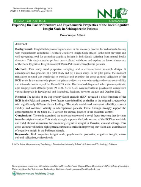 Pdf Exploring The Factor Structure And Psychometric Properties Of The Beck Cognitive Insight