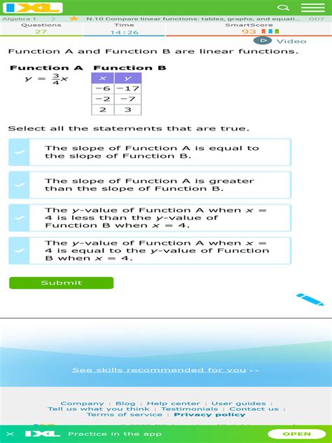 Ixl Compare Linear Functions Tables Graphs And Equations Algebra 1 Practice Pdf