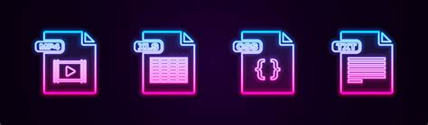 ตั้งค่าเอกสารไฟล์ Mp4 บรรทัด Xls Css และ Txt ไอคอนไฟนีออนเรืองแสง เวกเตอร์ ภาพประกอบสต็อก