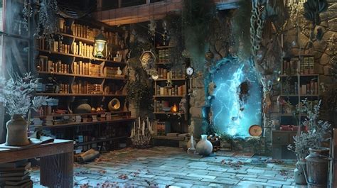 Enchanted Wizard s Study Ancient Mystical Library of Knowledge and Artifacts | Premium AI ...