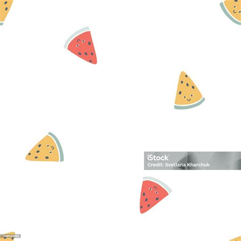 삼각형 수박 캐릭터 매끄러운 패턴 웃는 얼굴 단순하고 순진한 스타일의 손으로 그린 만화 낙서 아이들을 위한 파스텔 팔레트의 벡터 삽화 흰색 바탕에 귀여운 과일 0명에 대한