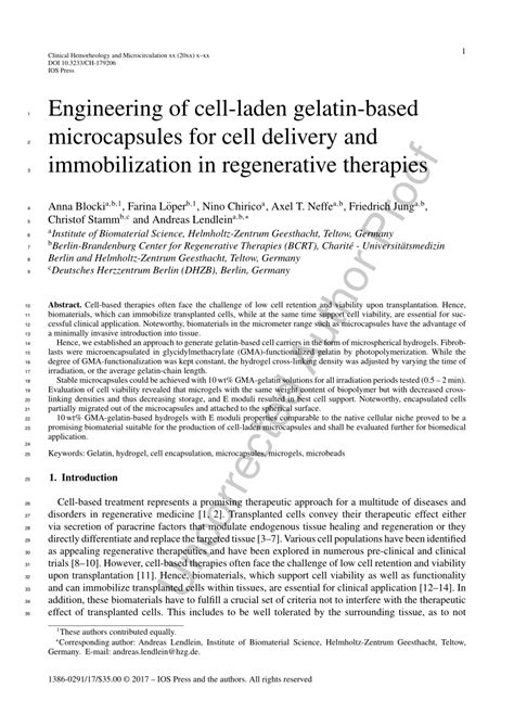 Pdf Engineering Of Cell Laden Gelatin Based Microcapsules For Cell Delivery And Immobilization