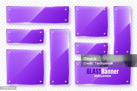 현실적인 유리 프레임 컬렉션입니다 플레어와 하이라이트가 있는 보라색 투명 유리 배너 광택 아크릴 판 빛 반사 요소 및 텍스트 장소 벡터 그림 0명에 대한 스톡 벡터 아트 및