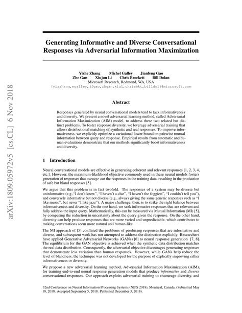 Pdf Generating Informative And Diverse Conversational Responses Via
