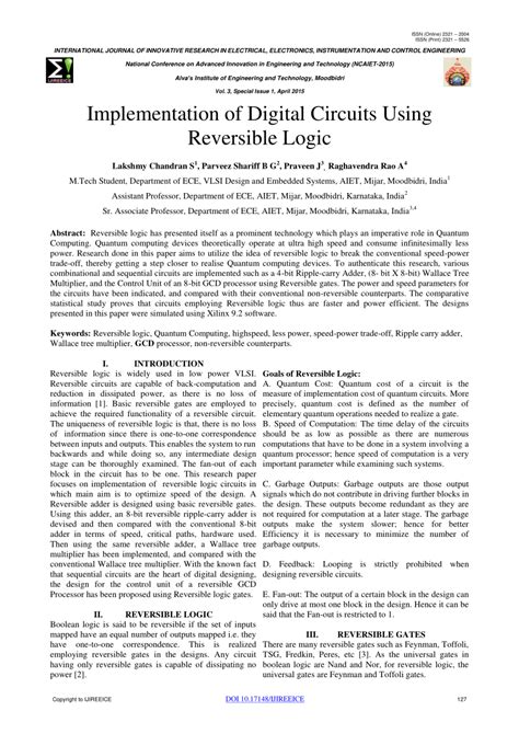 Pdf Implementation Of Digital Circuits Using Reversible Logic