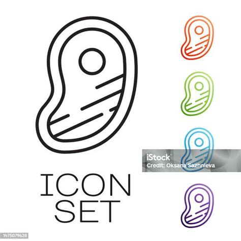 흰색 배경에 고립 된 검은 줄 스테이크 고기 아이콘 다채로운 아이콘을 설정합니다 벡터 고기에 대한 스톡 벡터 아트 및 기타