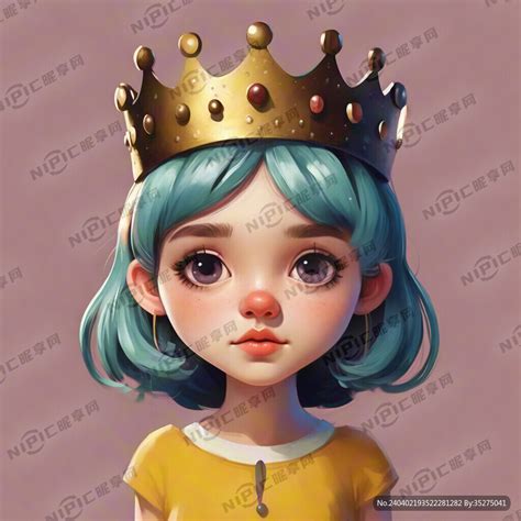 Ai创作图插画风 卡通女孩 戴着皇冠 可爱扁平风 手绘 昵图网
