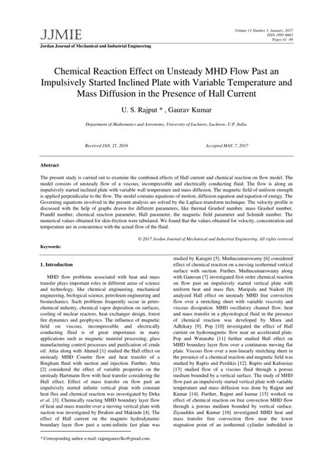 Pdf Chemical Reaction Effect On Unsteady Mhd Flow Past An Impulsively
